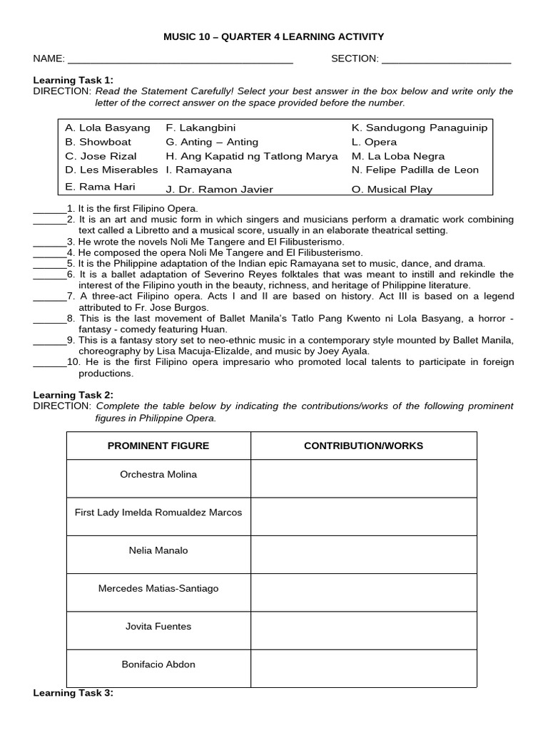 QUARTER 4 - MUSIC10 - Learning Activity Sheet | PDF