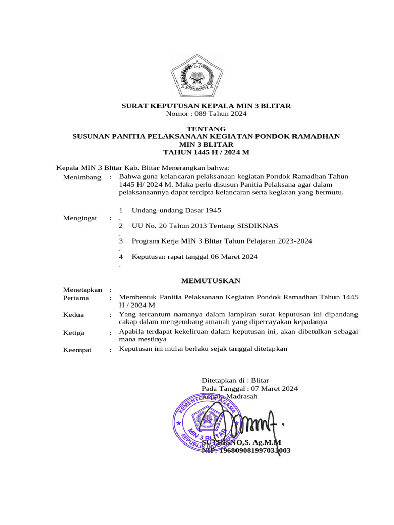 SK Panitia Pondok Ramadhan 2024 | PDF