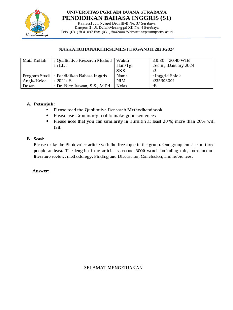 UAS-Qualitative Research Method in Education | PDF