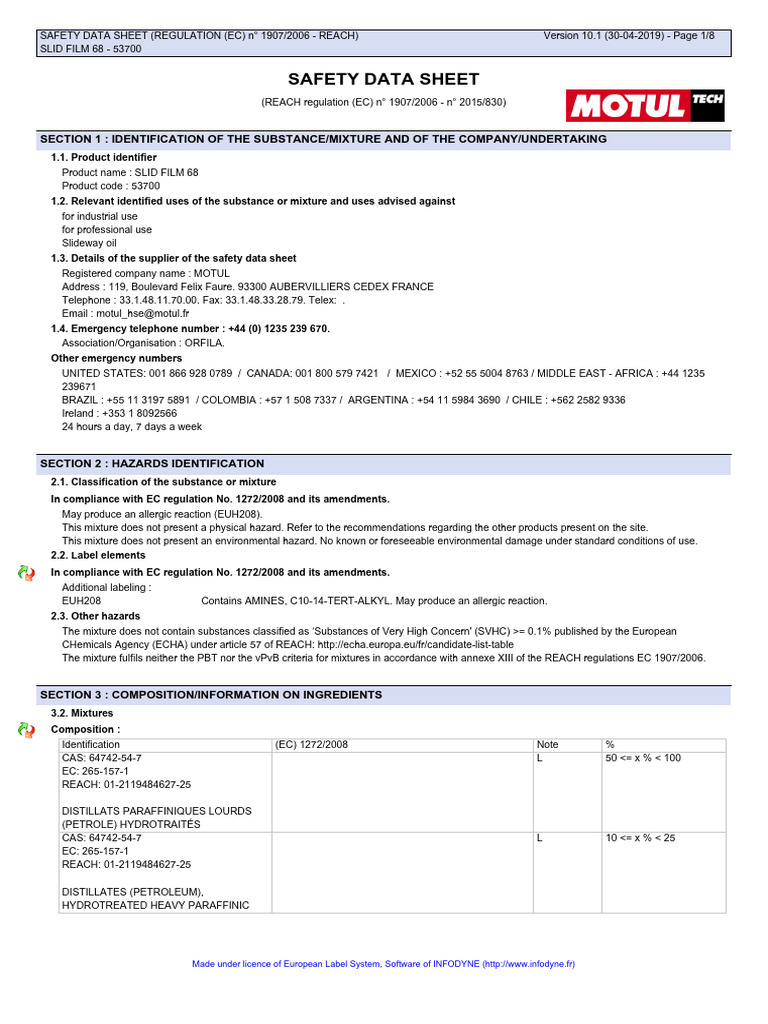 Msds Dau Ranh Truot Motul Slid Film 68 VN | PDF