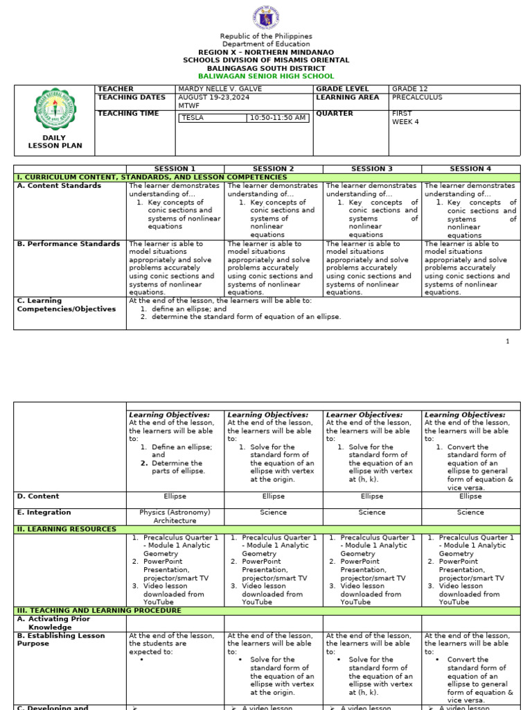 Precalculus - Q1 - Week 4 - UNIFIED-MATATAG-LESSON-PLAN | PDF