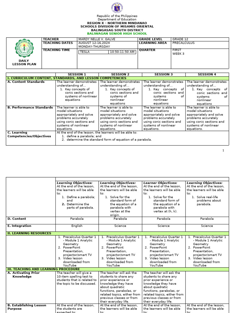 Precalculus - Q1 - Week 3 - UNIFIED-MATATAG-LESSON-PLAN | PDF