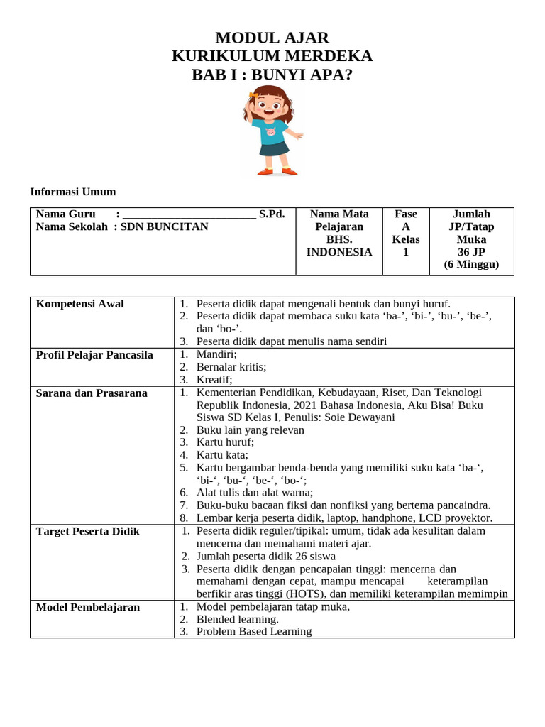 Modul Ajar - B.indonesia - Kelas1 - Bab1 | PDF