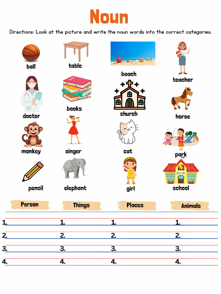Colorful Illustrative Noun English Worksheet | PDF