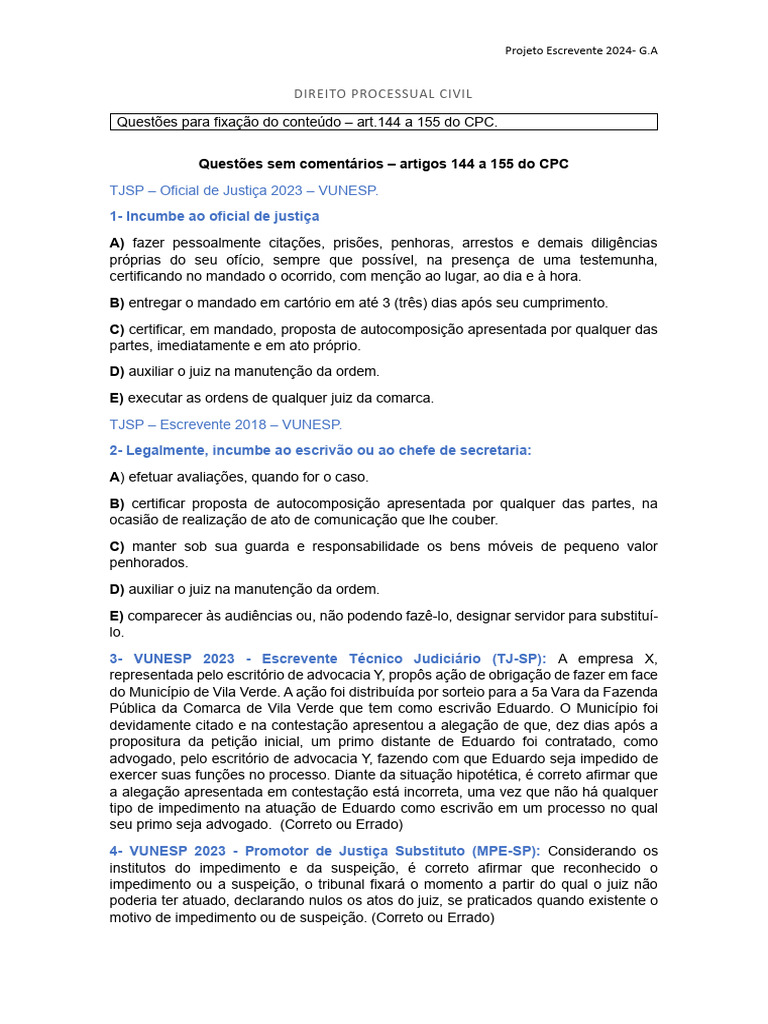 Documento 1 Processo Civil Projeto Escrevente 2024 Questões ...