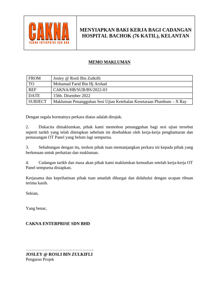 Memo Makluman SUBKON | PDF