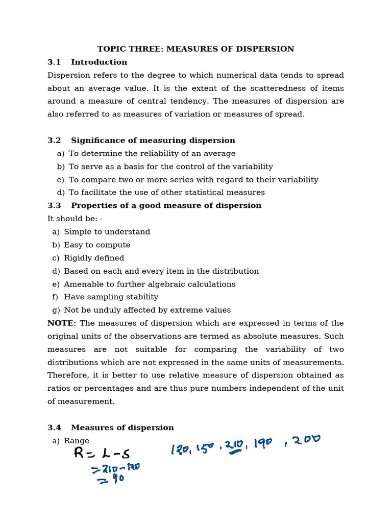 Topic 3 Measures of Dispersion | PDF | Skewness | Coefficient Of Variation