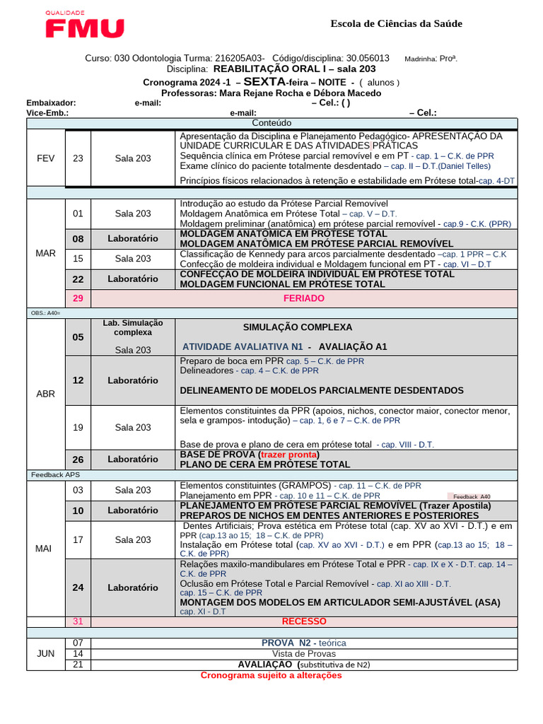 Cronograma-Reab. Oral I - 2024-1 - Sexta - Noturno - P Postar | PDF