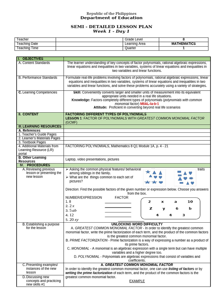 Math DLP Week 1 Day 1 2024-2025 | PDF