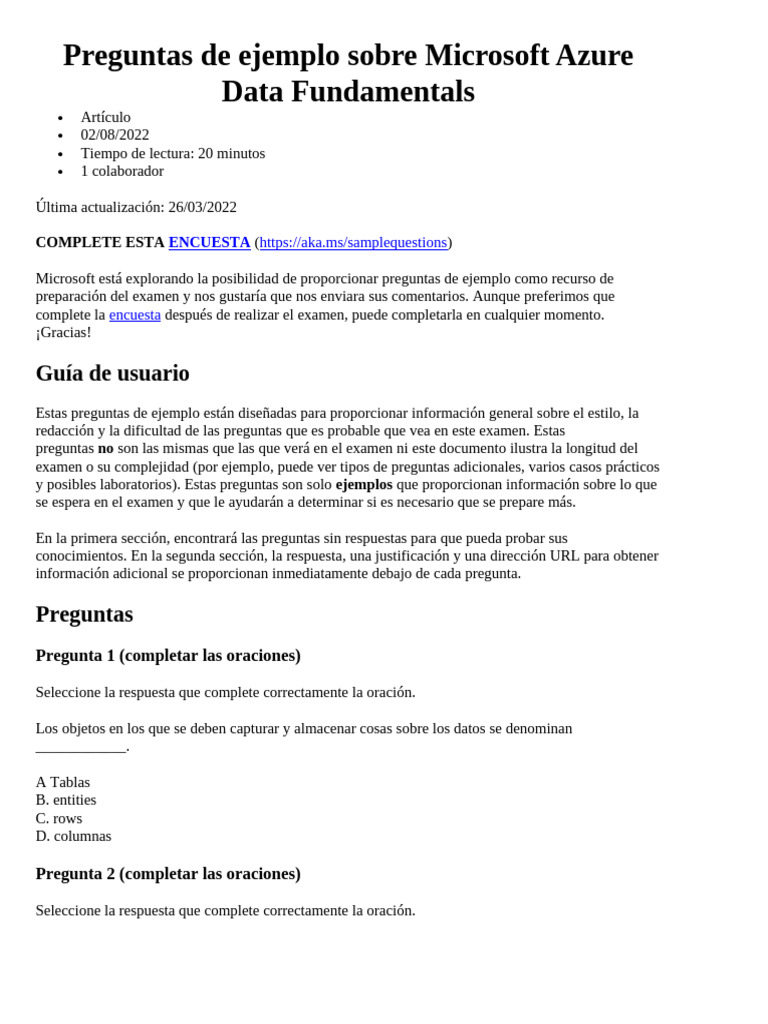 Preguntas de Ejemplo Sobre Microsoft Azure Data Fundamentals | PDF