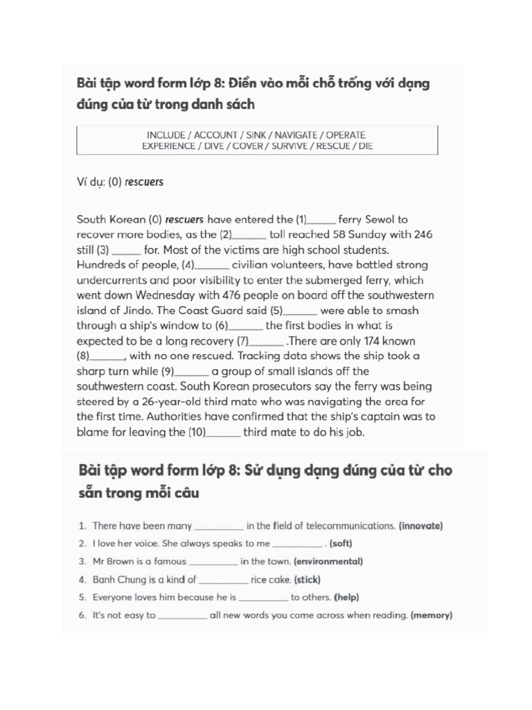 Bai Tap Word Form Lop 8 | PDF