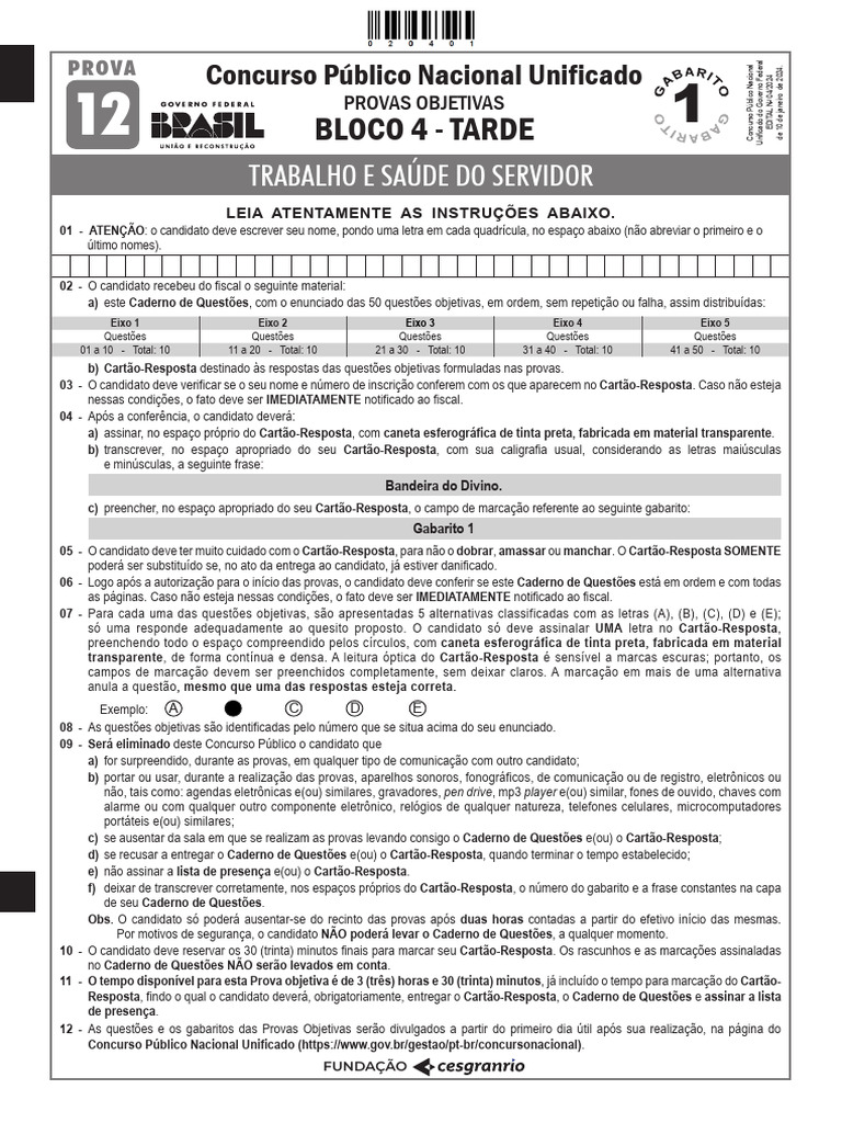 Prova Concurso Nacional Unificado CNU Bloco 4 Tarde | PDF
