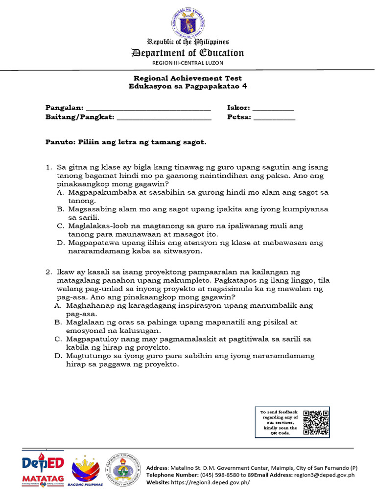 Regional Achievement Test in EsP 4 | PDF