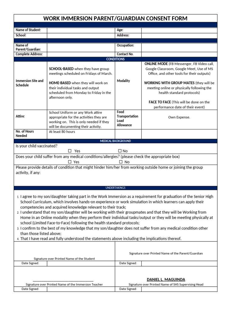 Parents Consent .Work-Immersion | PDF