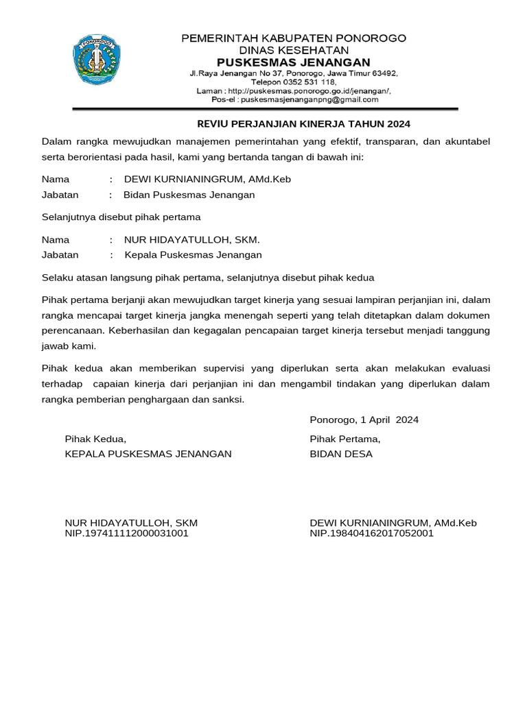 Perjanjian Kinerja Bidan 2024 Dewi K | PDF