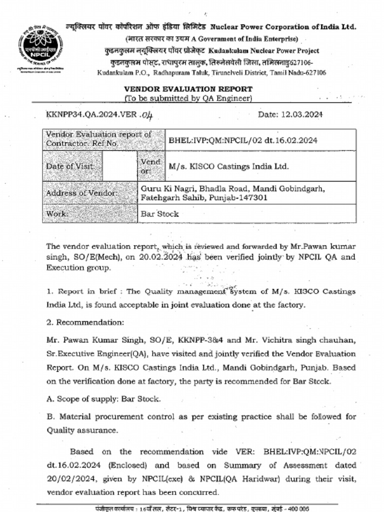 NPCIL Vendor Evaluation Report | PDF
