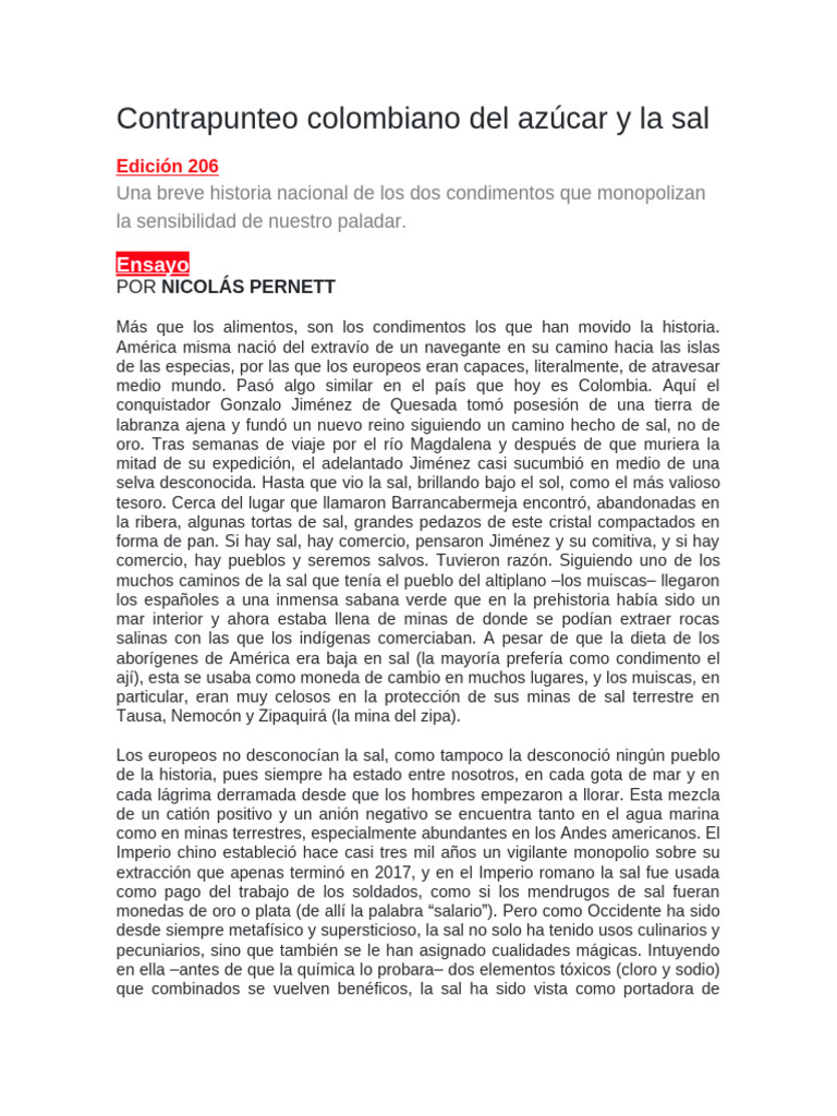 CONTRAPUNTEO COLOMBIANO DEL AZÚCAR Y LA SAL. Nicolás Pernett. | PDF