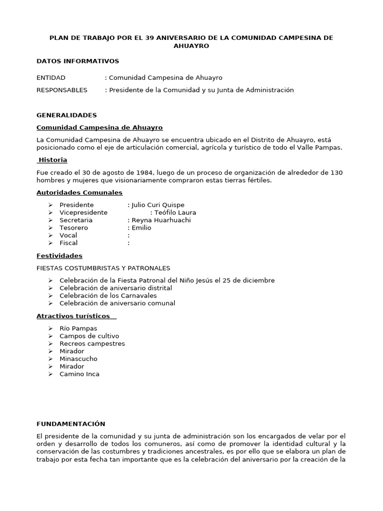 Plan de Trabajo Aniversario Comunidad 2023 | PDF