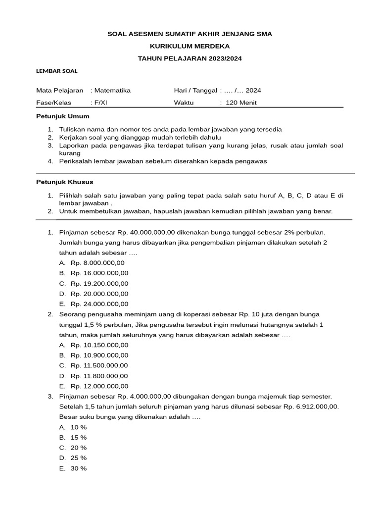 Soal - Matematika - ASAS Genap 2024 - Kls XI - Kurmer | PDF