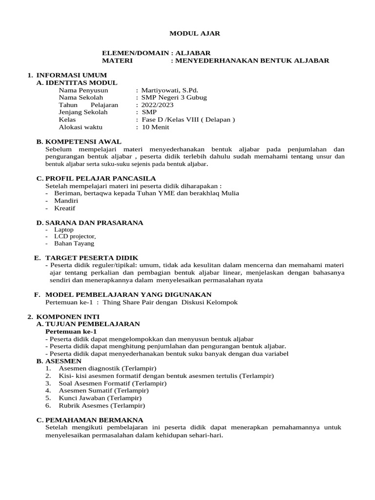 MODUL AJAR BENTUK ALjabar Kelas 8 | PDF