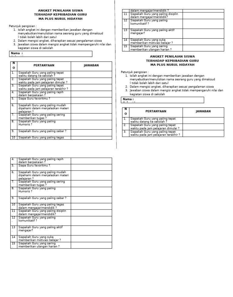 Angket Penilaian Siswa Terhadap Guru | PDF Angket Penilaian Siswa Terhadap Guru | PDF
