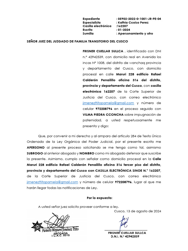 Escrito Apersonamiento Nuevo Sr. Frisner | PDF