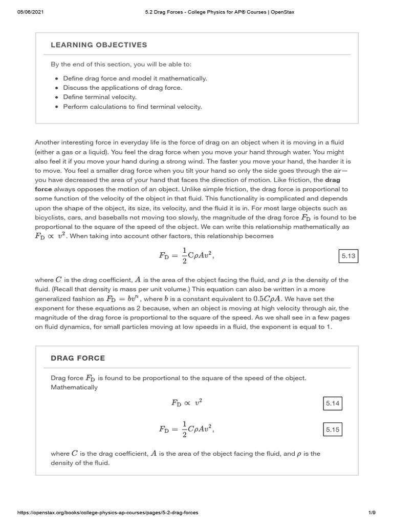 Drag Forces (OpenStax) | PDF