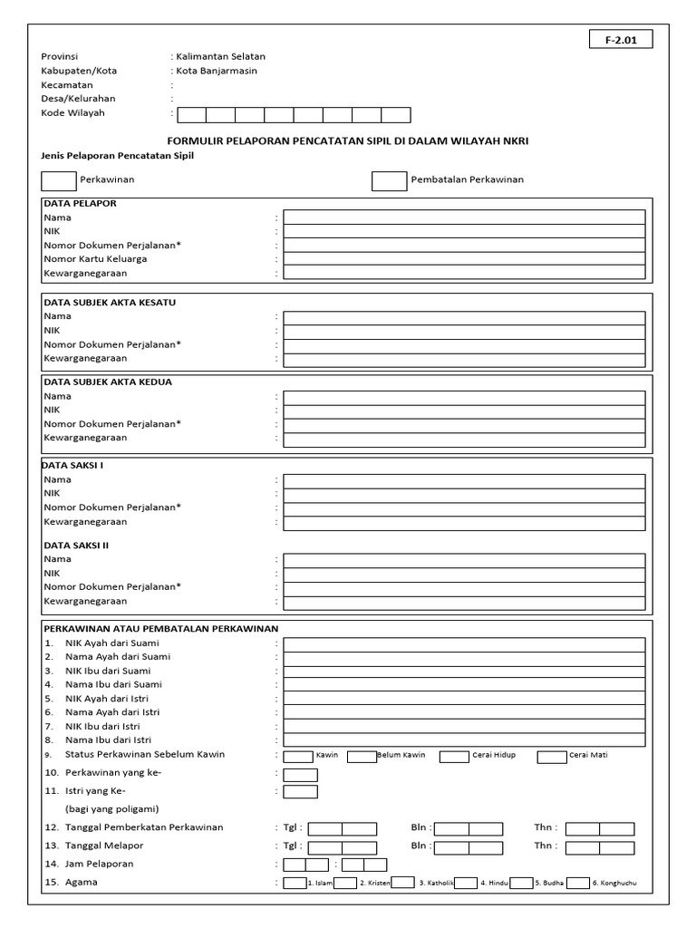 Formulir Pencatatan Sipil Perkawinan (F-2.01) - f-2.01 Perkawinan | PDF