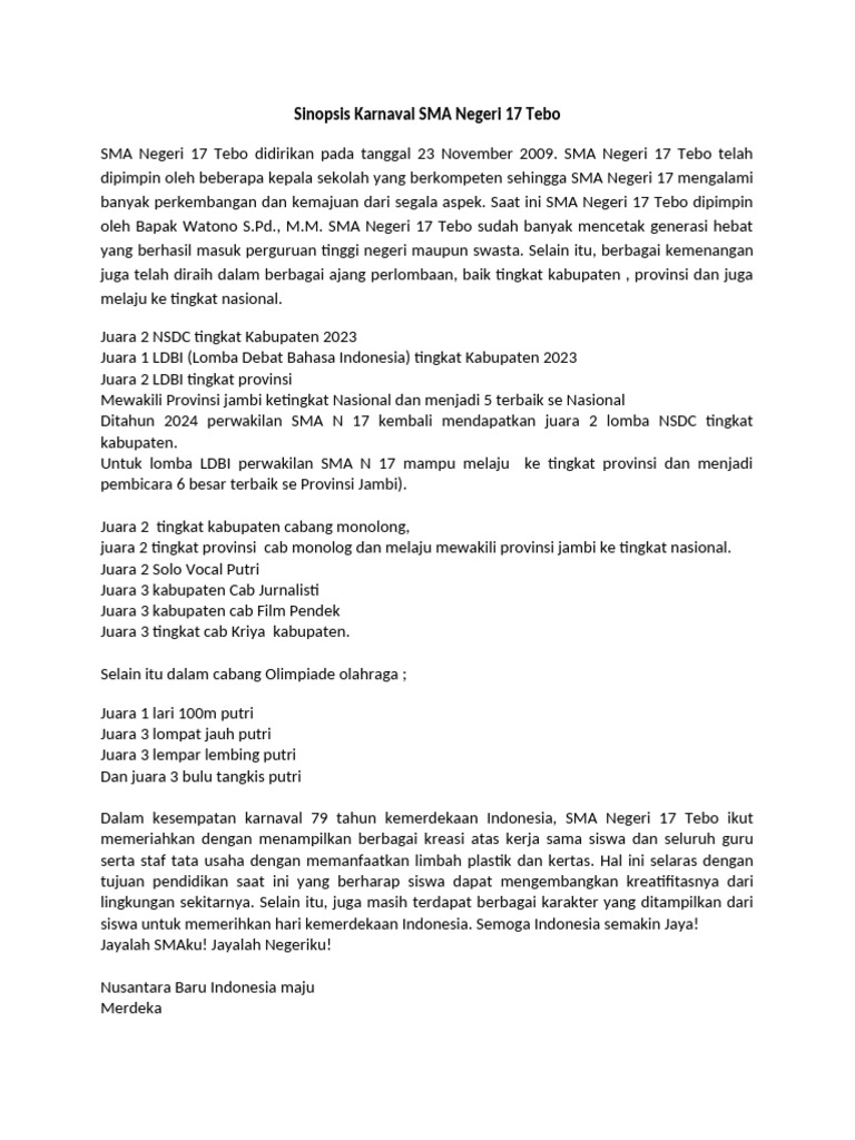 Sinopsis Karnaval SMA Negeri 17 Tebo 24 | PDF