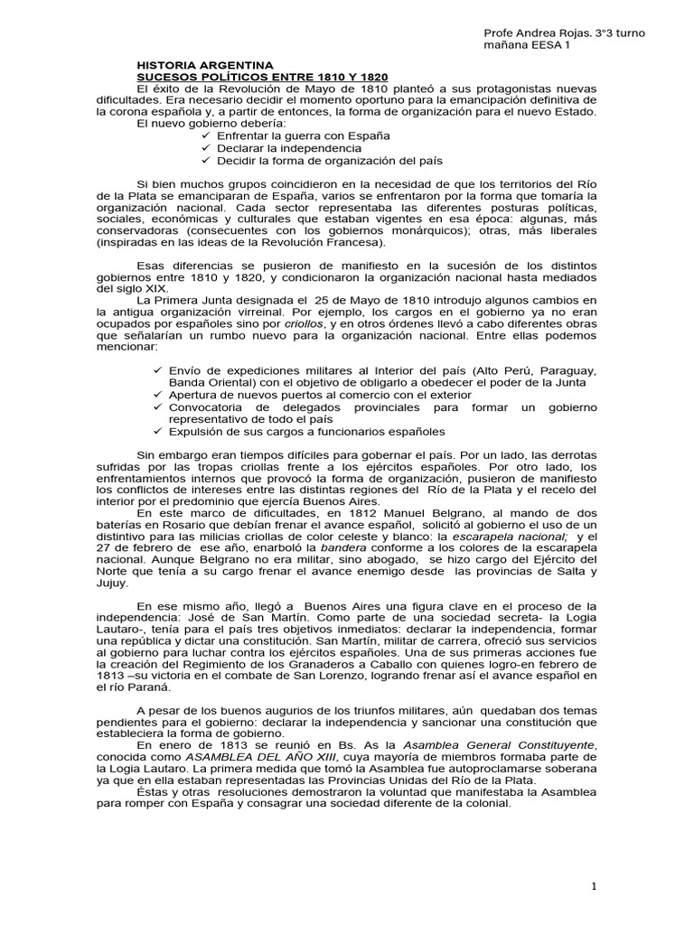 Historia Argentina Sucesos Políticos Entre 1810 Y 1820 | PDF
