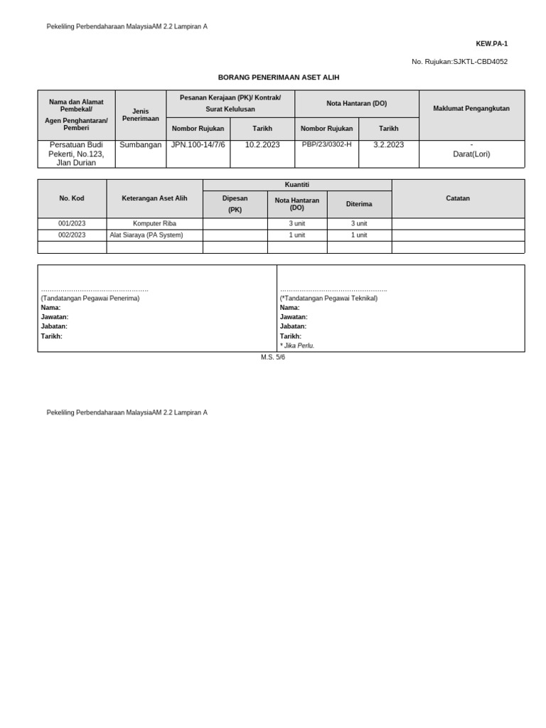 BARU KEW - PA-1 (Borang Penerimaan Aset Alih) | PDF