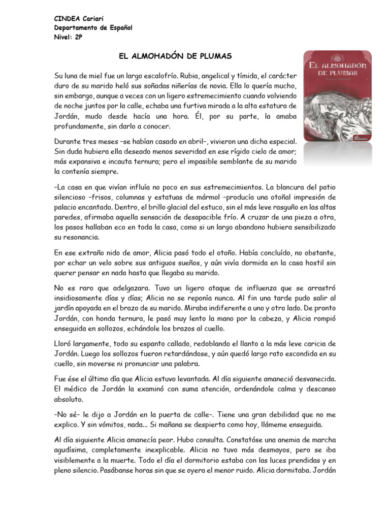 Lectura y Análisis El Almohadón de Plumas | PDF