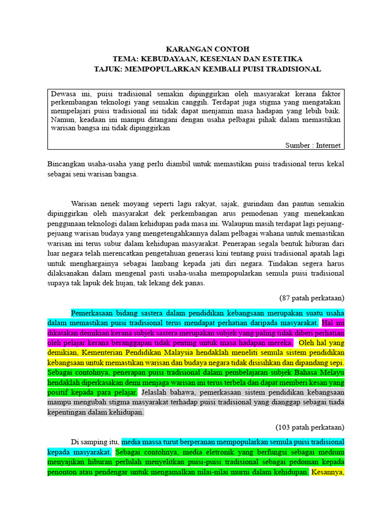 Karangan Contoh Tema: Kebudayaan, Kesenian Dan Estetika Tajuk ...
