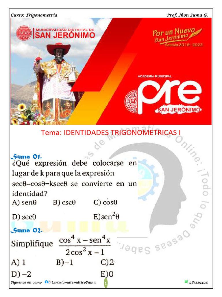 Identidades Trigonometricas I Ejercicios | PDF Identidades Trigonometricas I Ejercicios | PDF