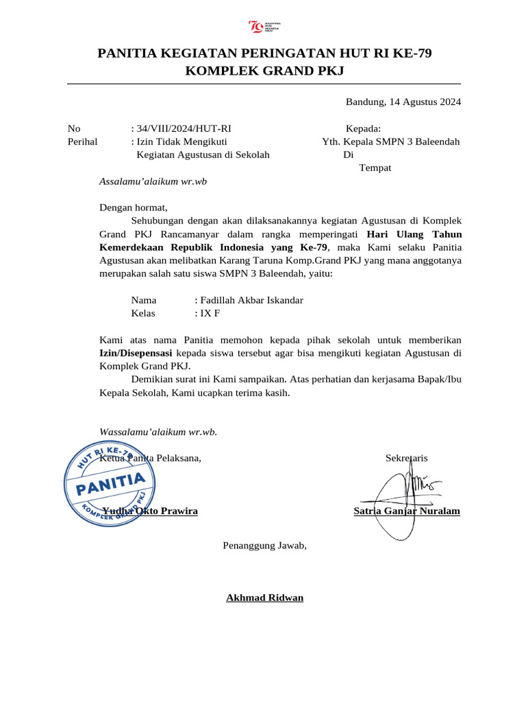 34_Surat Izin tidak Mengikuti Kegiatan Agustusan di Sekolah | PDF