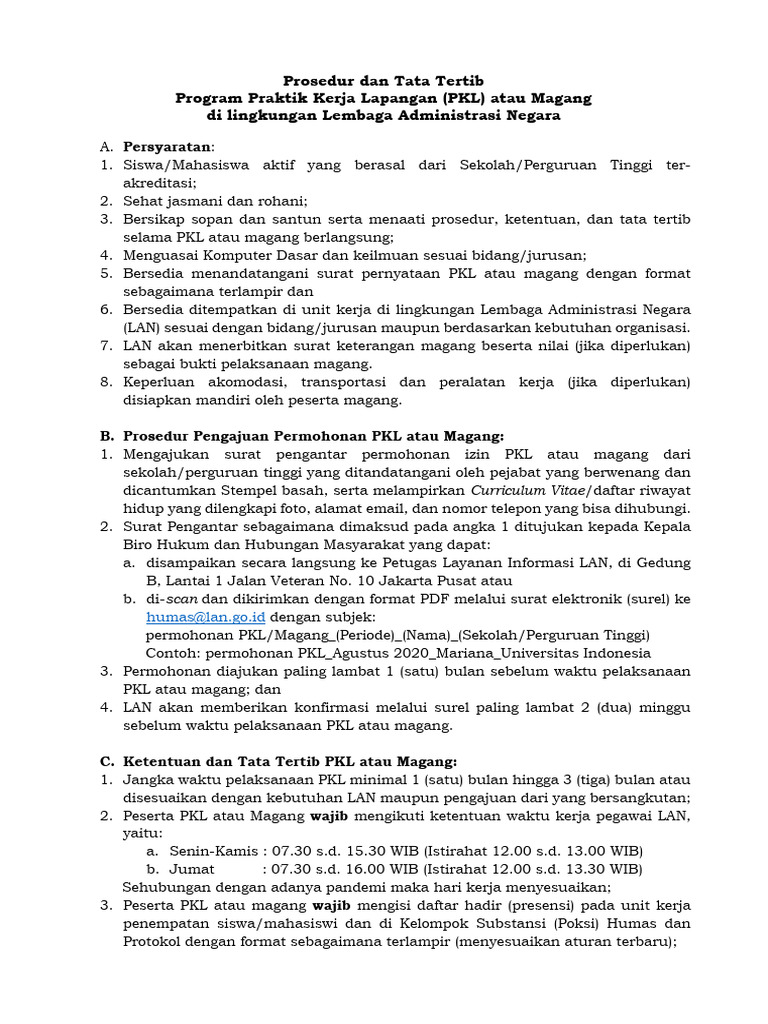 Prosedur Dan Aturan Program Praktik Kerja Lapangan & Magang 2022 | PDF