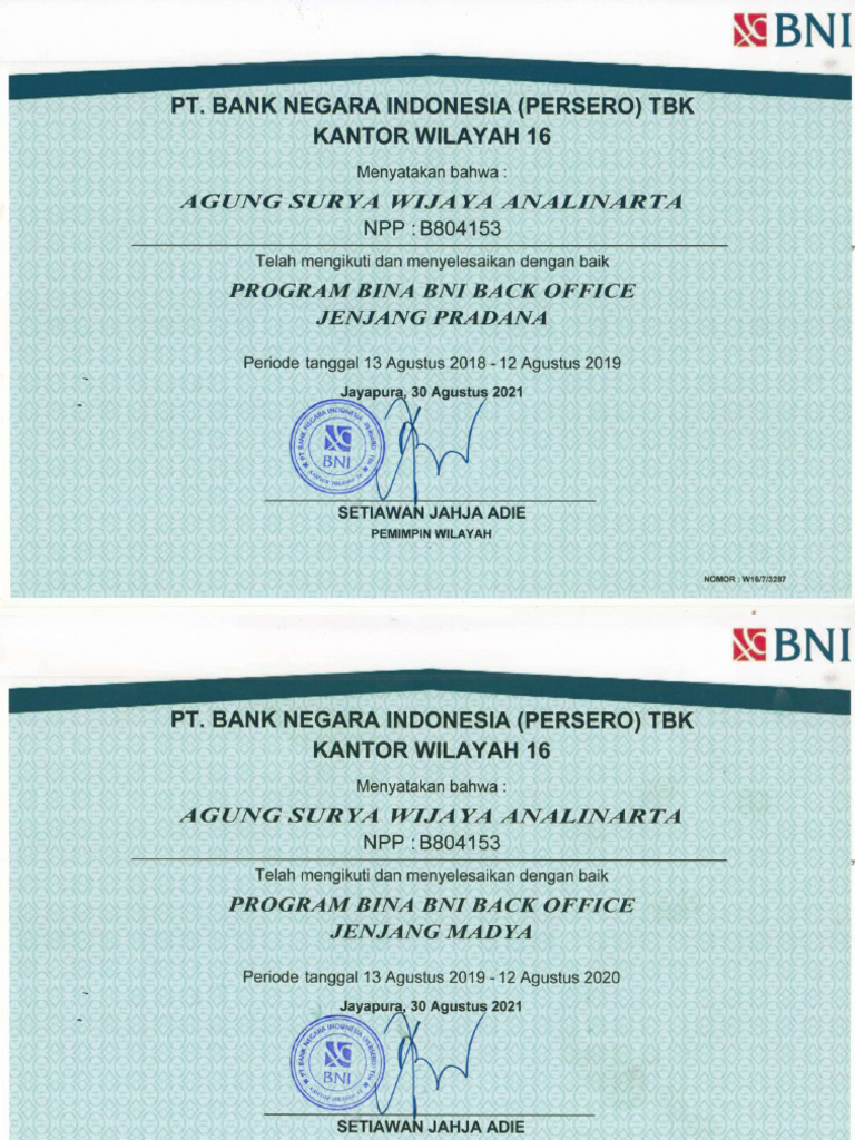 Sertifikat Bina BNI | PDF