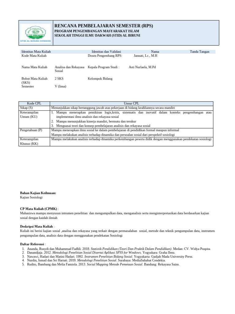 RPS MK Analisa Dan Rekayasa Sosial | PDF