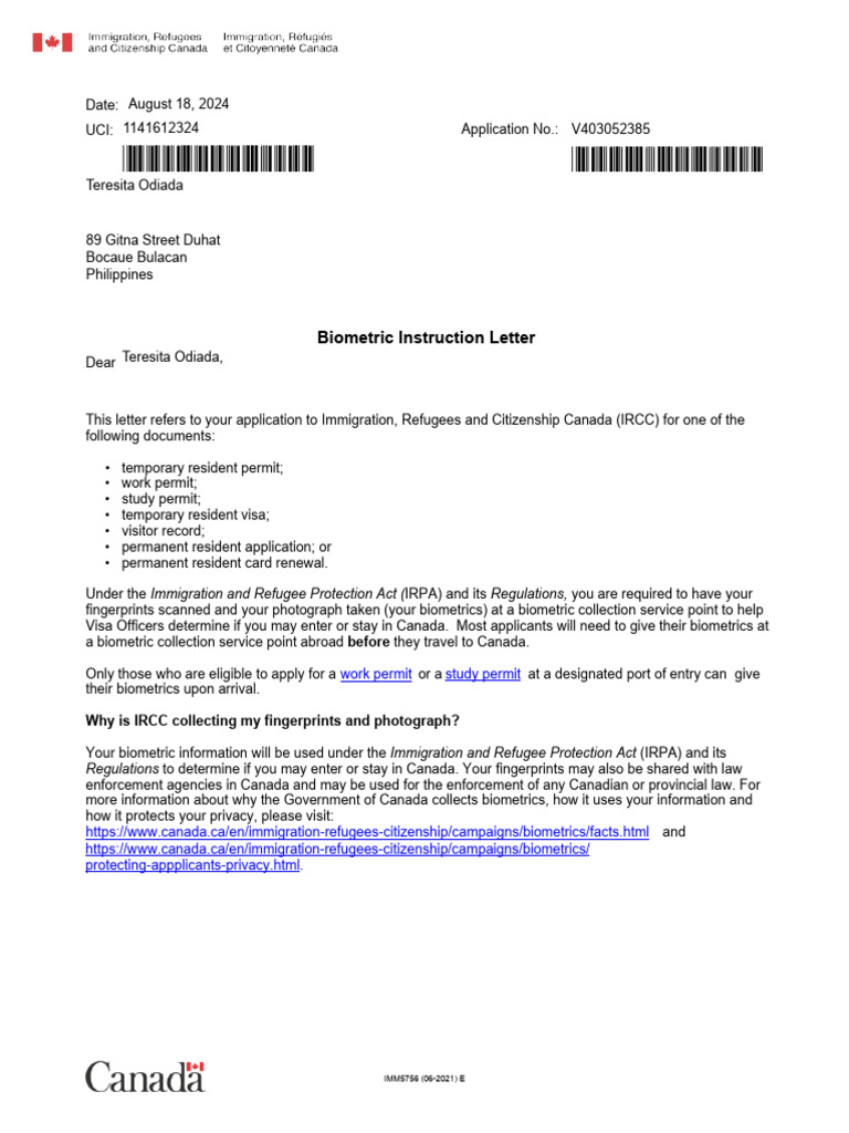 Biometric Instruction Letter: Before They Travel To Canada | PDF ...