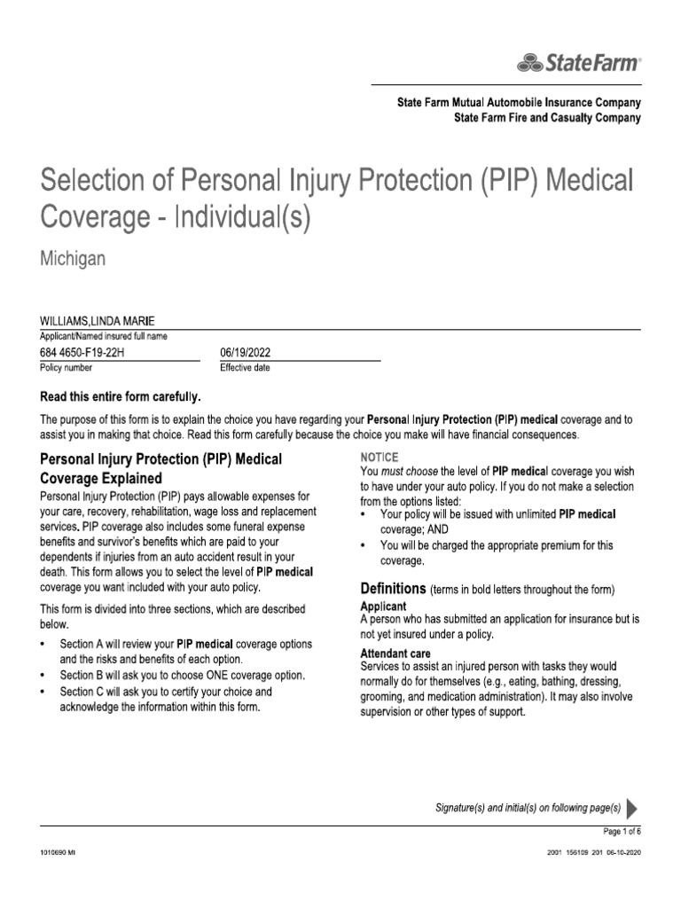 Selection of Personal Injury Protection (PIP) Medical Coverage ...