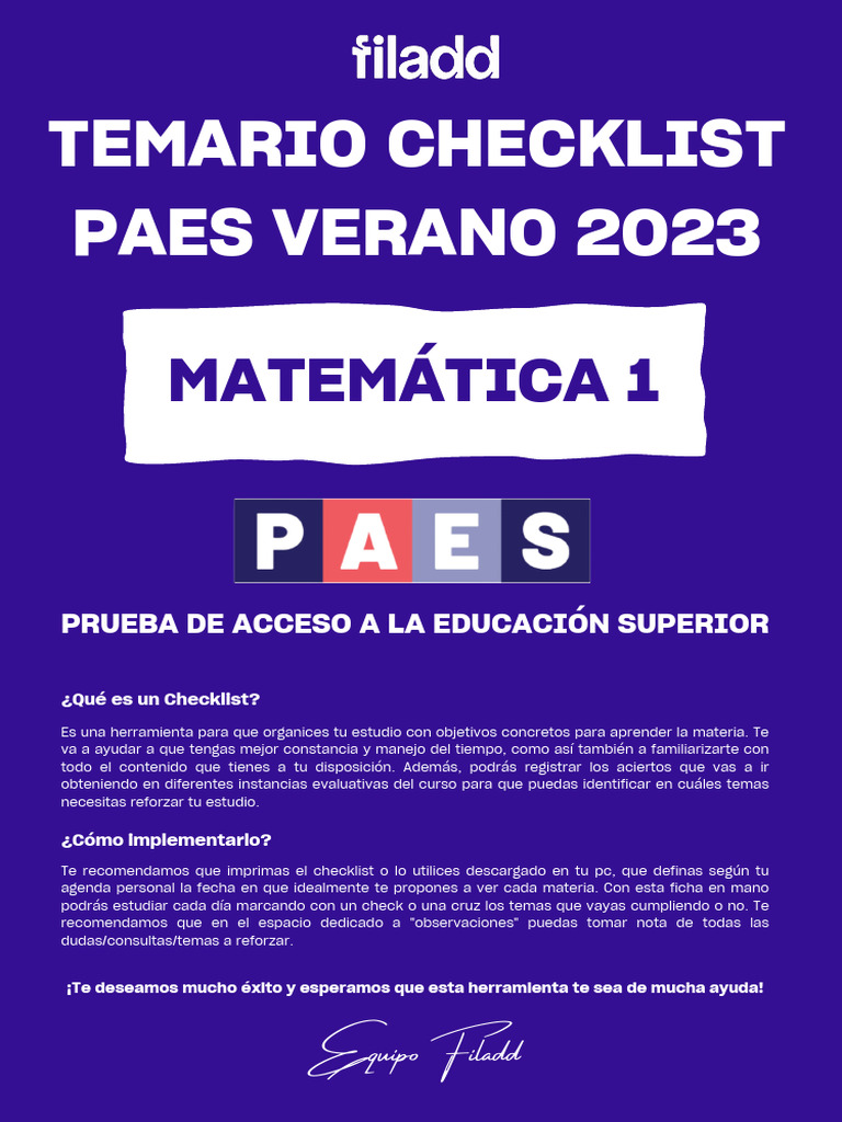 M1 - Temario PAES 2023 Checklist v.1.0 | PDF