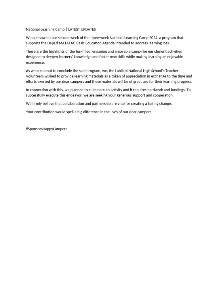 National Learning Camp Solicitation Letter | PDF | Career & Growth ...