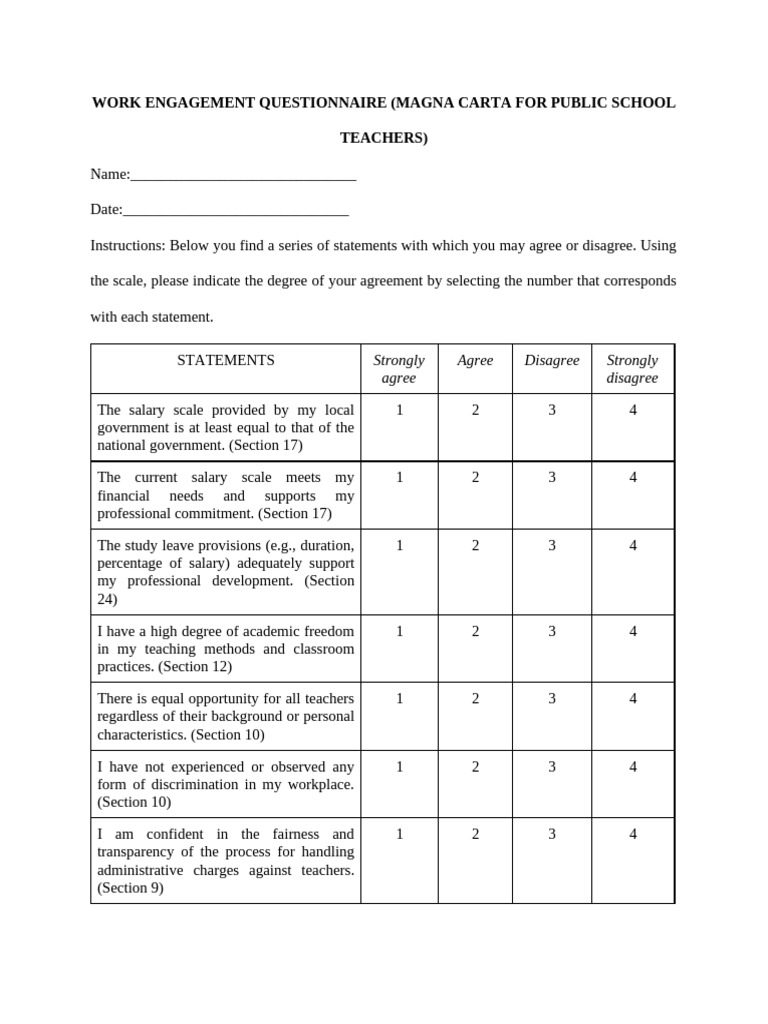 Work Engagement Questionnaire (Magna Carta for Public School Teachers ...