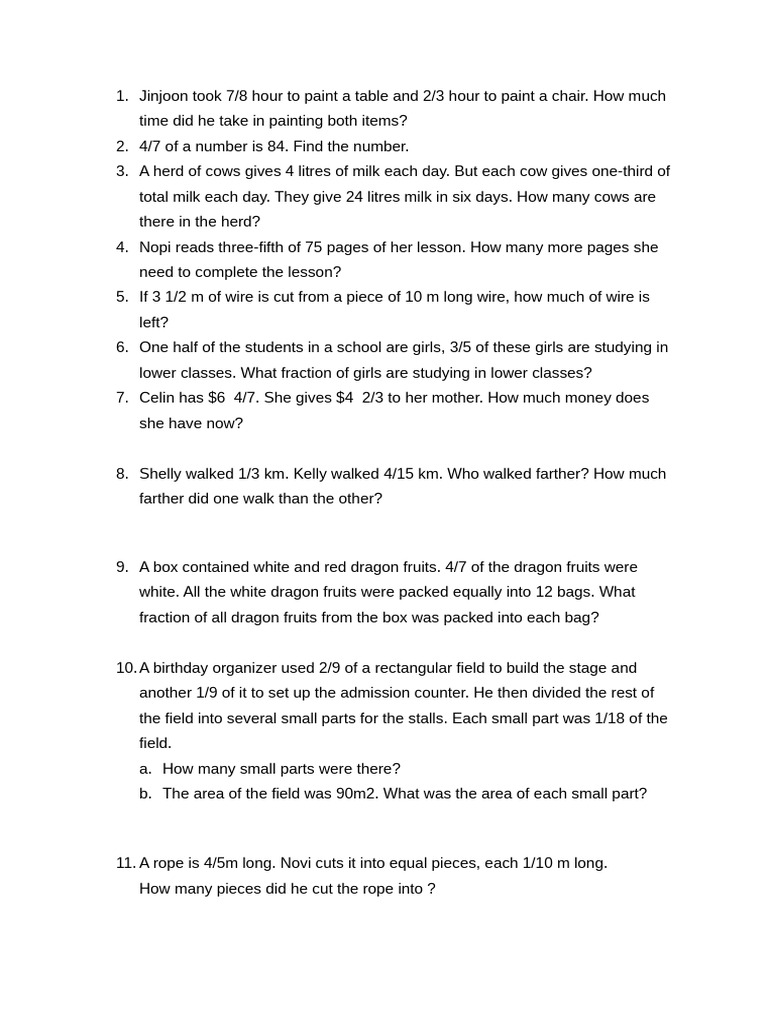 Fraction Word Problem Grade 6 | PDF
