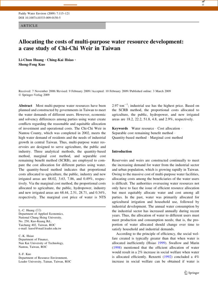 Allocating The Costs of Multi-Purpose Water Resource Development in Taiwan | PDF