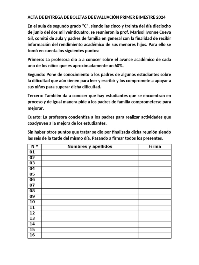Acta de Entrega de Boletas de Evaluación Primer Bimestre 2024 | PDF