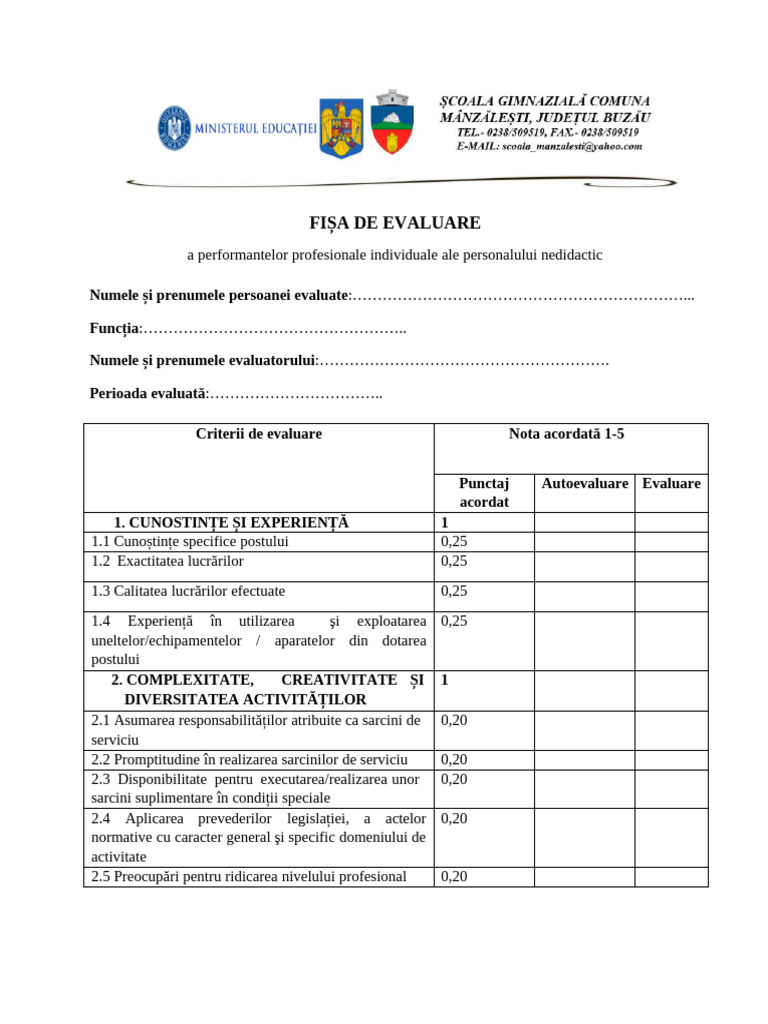 Fisa Cadru de Autoevaluare Personal Nedidactic | PDF