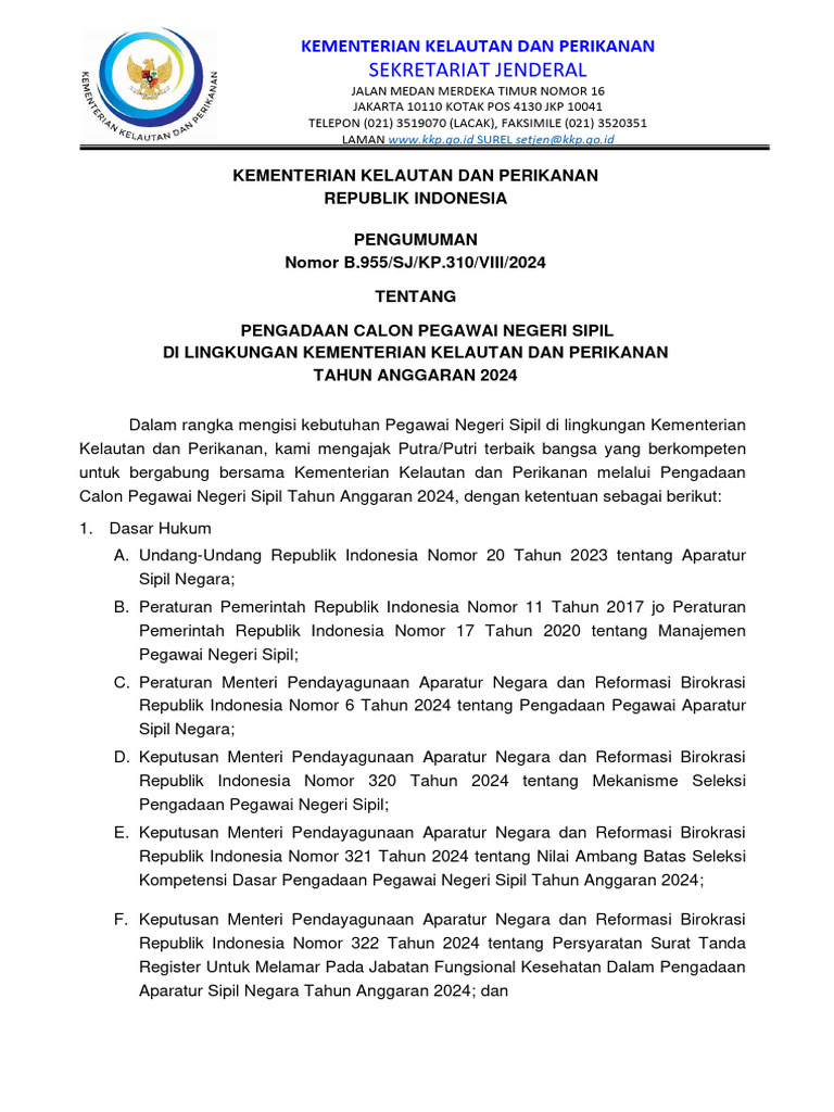Pengumuman Pengadaan CPNS KKP Formasi 2024 | PDF