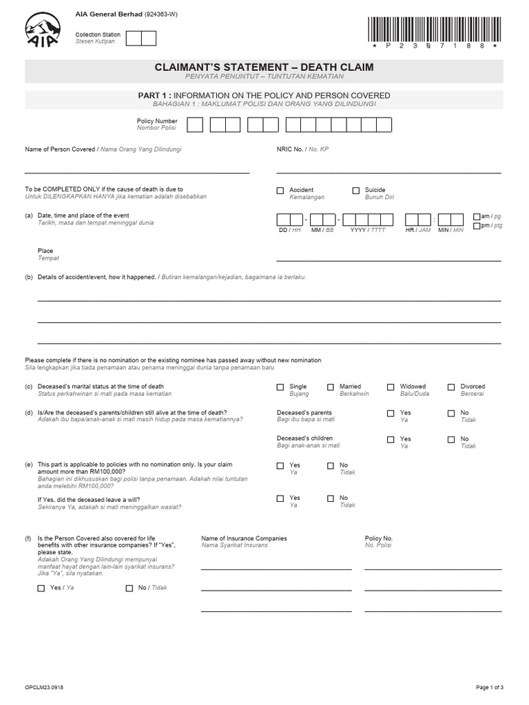 Claimant'S Statement - Death Claim: Part 1: Information On The Policy ...