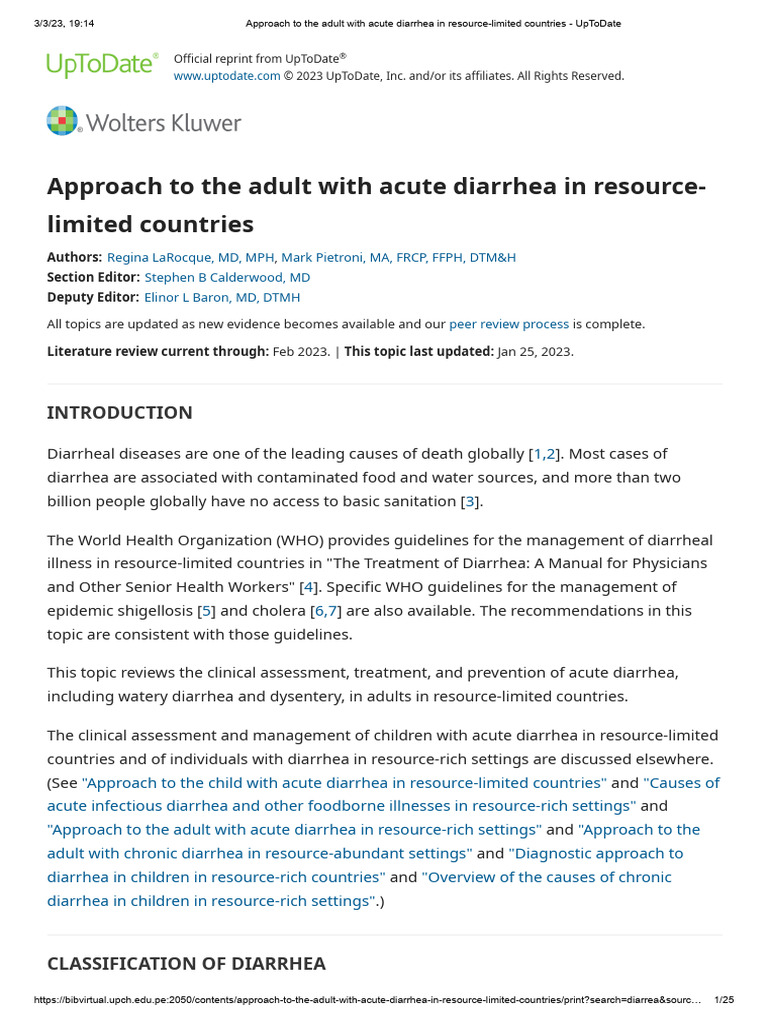 Approach To The Adult With Acute Diarrhea in Resource-Limited Countries - UpToDate | PDF